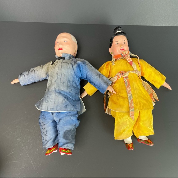 Art | Vintage Antique Composition Asian Chinese 2 Dolls Hand Painted ...